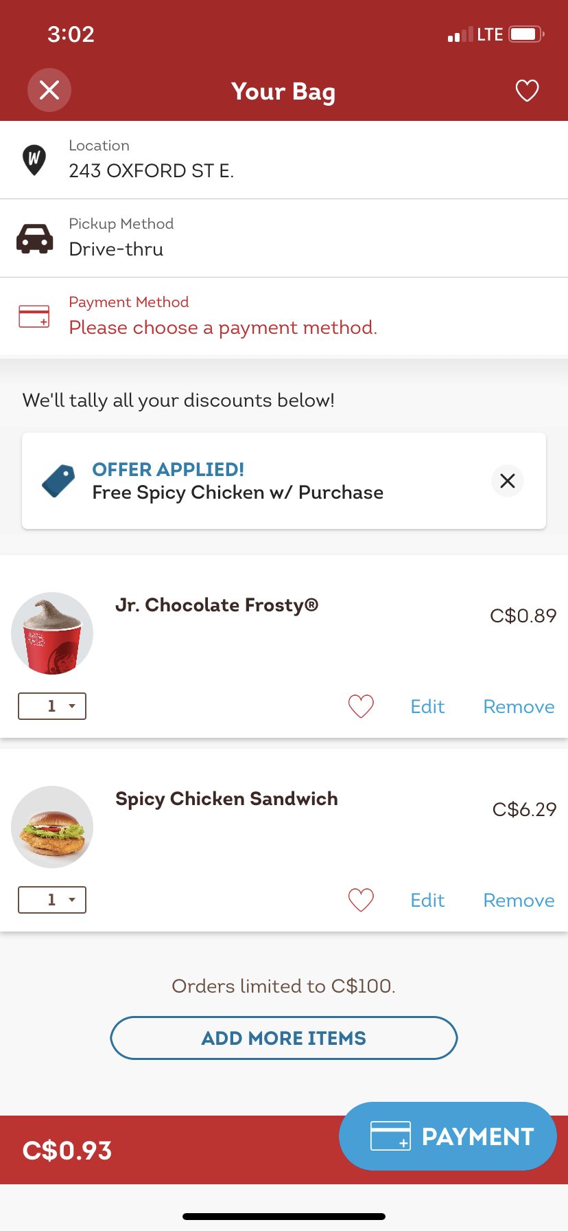 [Wendy's] Spicy Chicken + Junior Frosty - $0.89 (Mobile Order Only ...