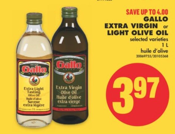 [No Frills] [$3.97] 1 Litre Gallo Extra Virgin or Light Olive Oil Sale ...