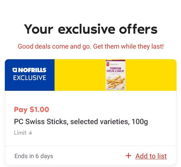 [PC optimum] Swiss Sticks $1 (reg $1.79) PC Optimum app YMMV ...