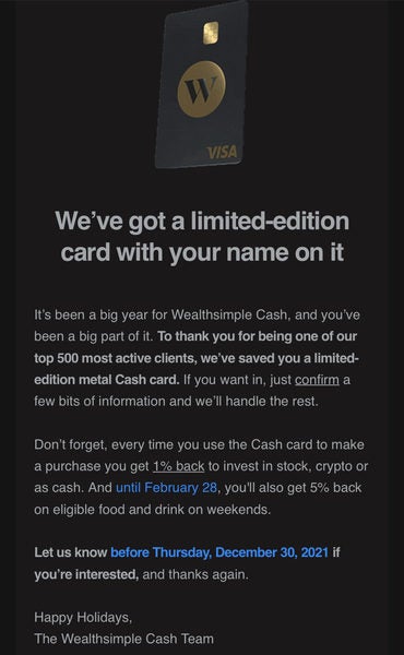 WealthSimple free metal card offer (YMMV) - RedFlagDeals.com Forums