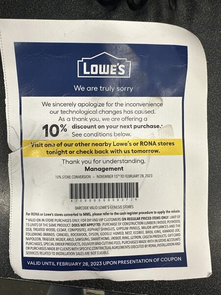 [Lowe's] 10% from Lowe’s due to software change to Rona system ...