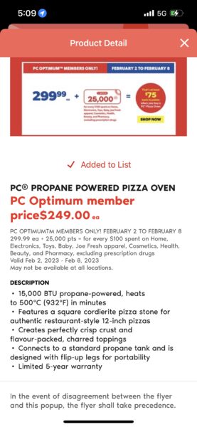 [Real Canadian Superstore] PC Propane Pizza Oven $249 + 50,000 PCO ...