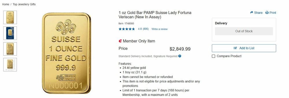 [Costco.ca] 1 oz Gold Bar PAMP Suisse Lady Fortuna Veriscan $2,849.99 ...