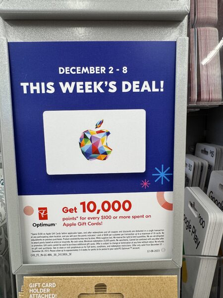 [PC Optimum] Apple Gift Card - (Min) $100 = 10,000 PCO Points (Dec 2-8 ...