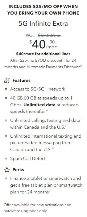 [Rogers] BYOD 60Go 5G/5G+ unlimited CAN & US for 40$ per month (85$-15 ...