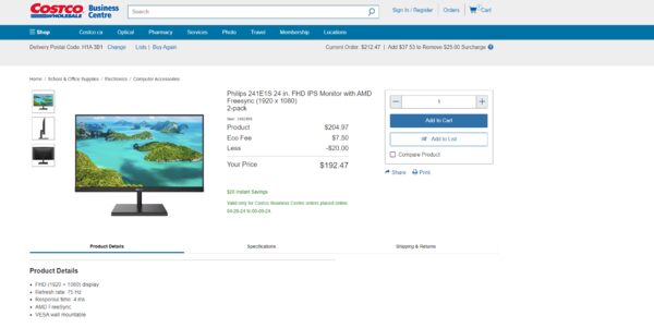 [Costco] Costco Business Centre: Philips 24 in. Monitors (2-pack ...