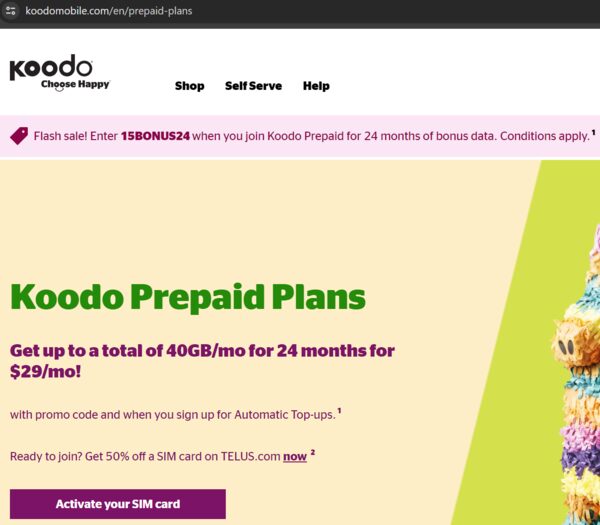[Koodo] Koodo $29/m 20GB Unlimited International Texting and No ...