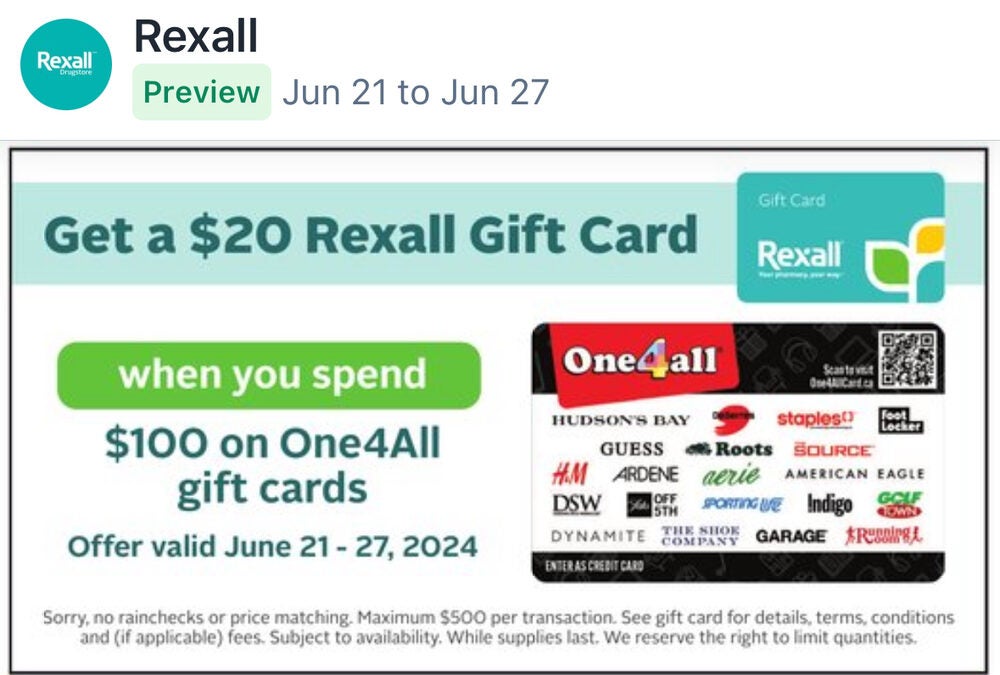 [Rexall] Get a $20 Rexall Gift Card with Purchase of $100 One4all Card ...