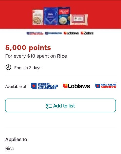 [PC Optimum] (YMMV) 5000 Points (=$5) for every $10 Spend on Rice (50% ...