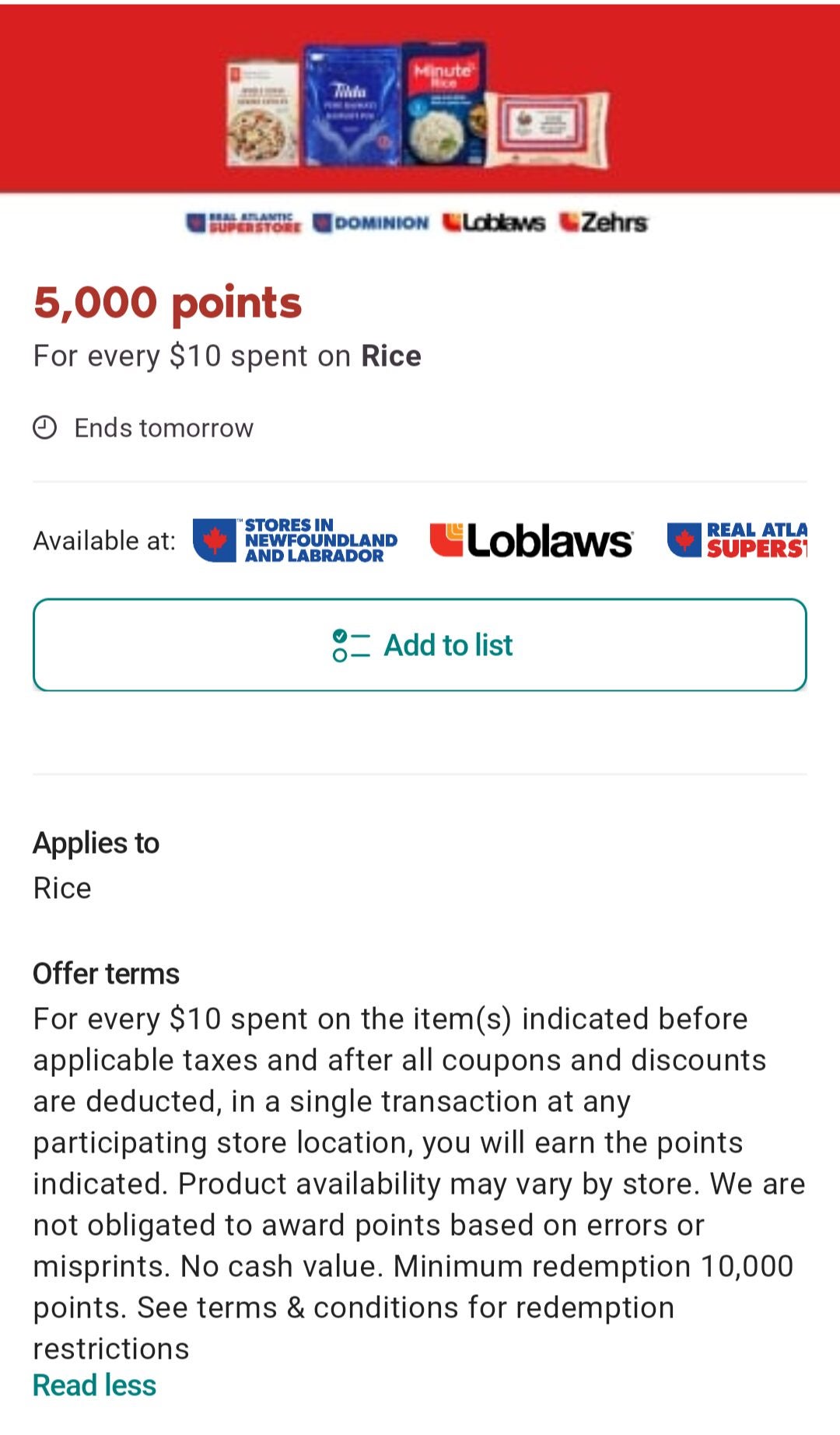 [Loblaws] YMMV 5000 PC points for every $10 spent on Rice (until 6 Nov ...
