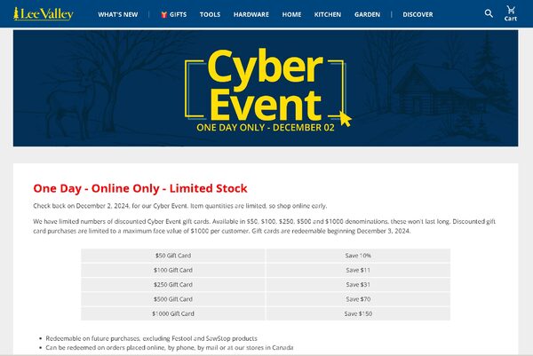 Lee Valley Cyber Monday