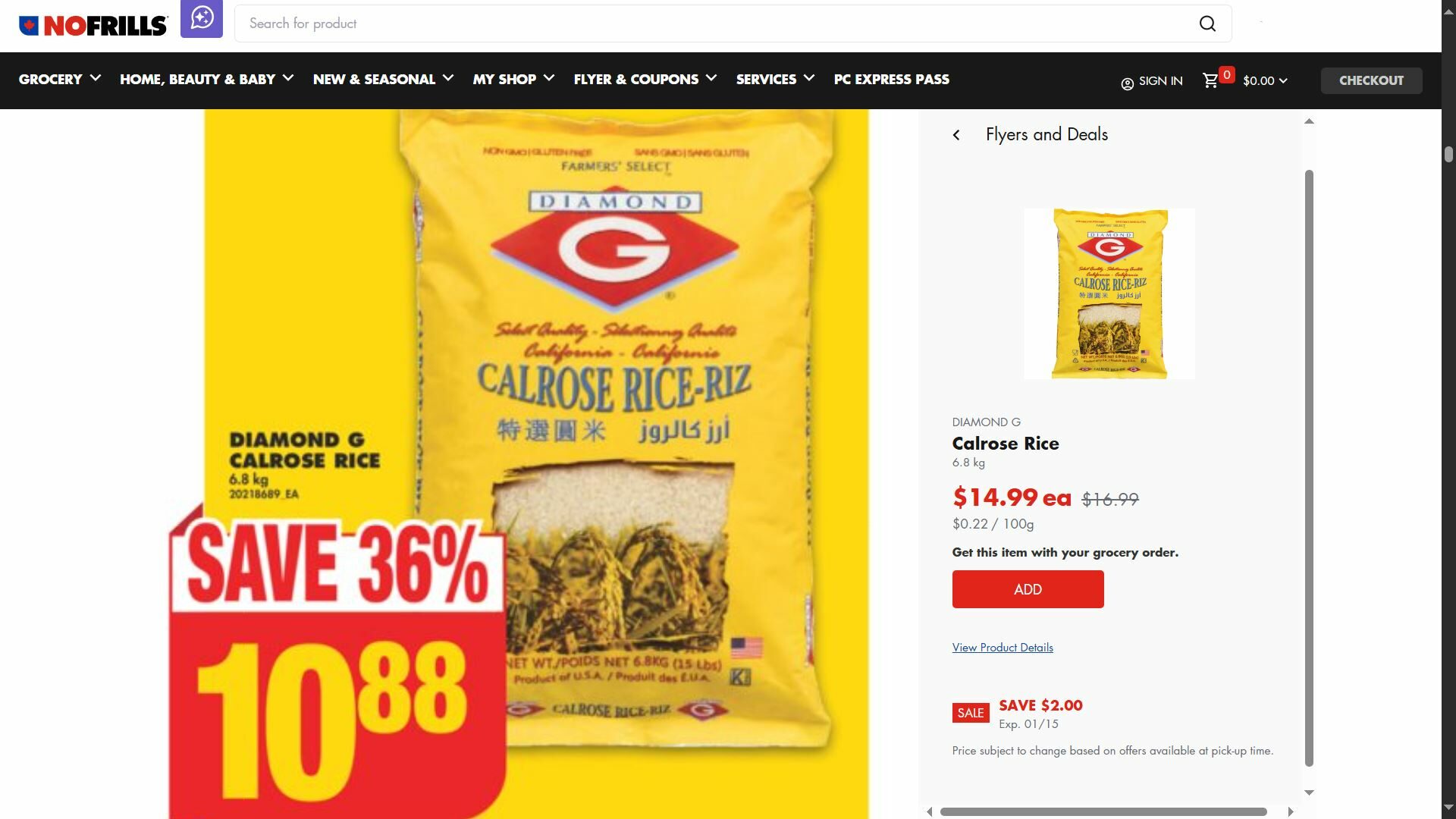 [No Frills] [WEST] Diamond G Calrose Rice 6.8kg for $10.88. Product of ...