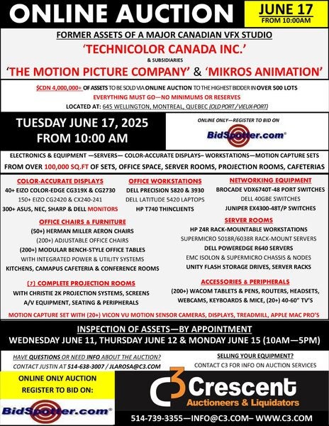 VFX Animation Studio/Technicolor Canada online Auction on June 10 2025 ...