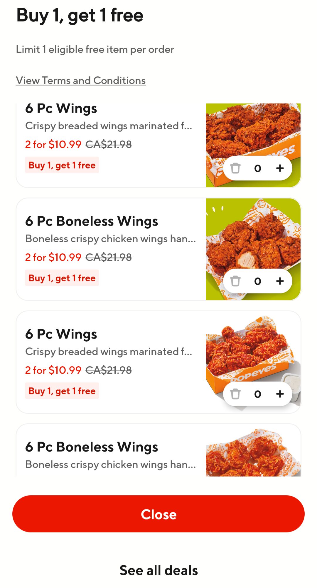 [Popeyes] Popeyes (via Doordash and Uber Eats) - BOGO 6pc Wings (12 for ...