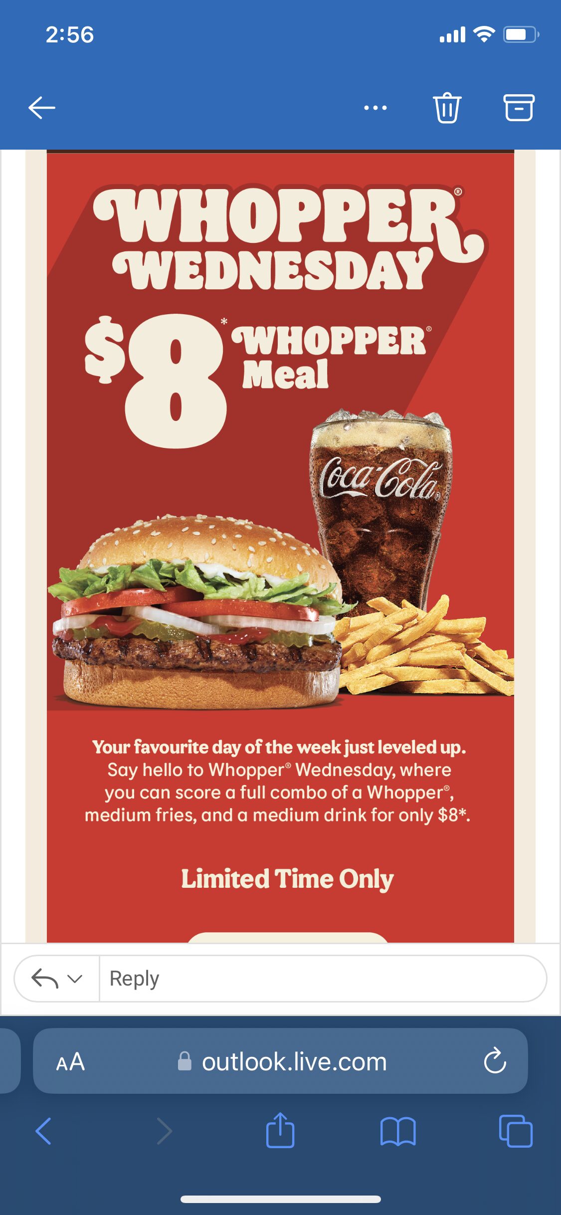 [Burger King] Whopper Wednesday medium combo $8 (reg $13 ...