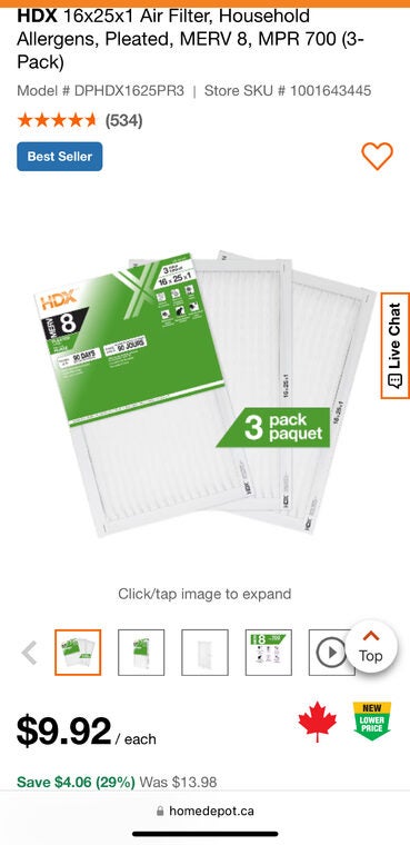 [Home Depot] HDX 16x25x1 Air Filter, Household Allergens, Pleated, MERV ...