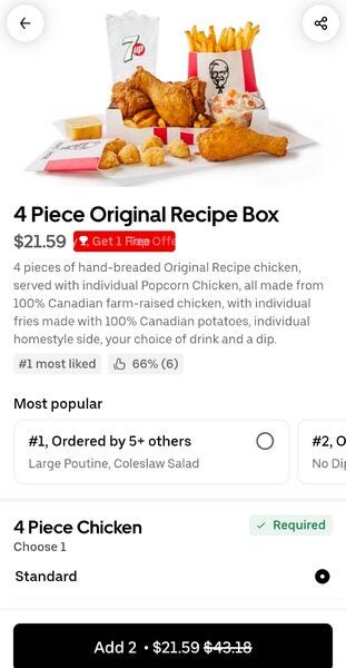 [KFC] KFC (via Uber Eats) - BOGO 4 Piece Original Recipe Box - 2 boxes ...