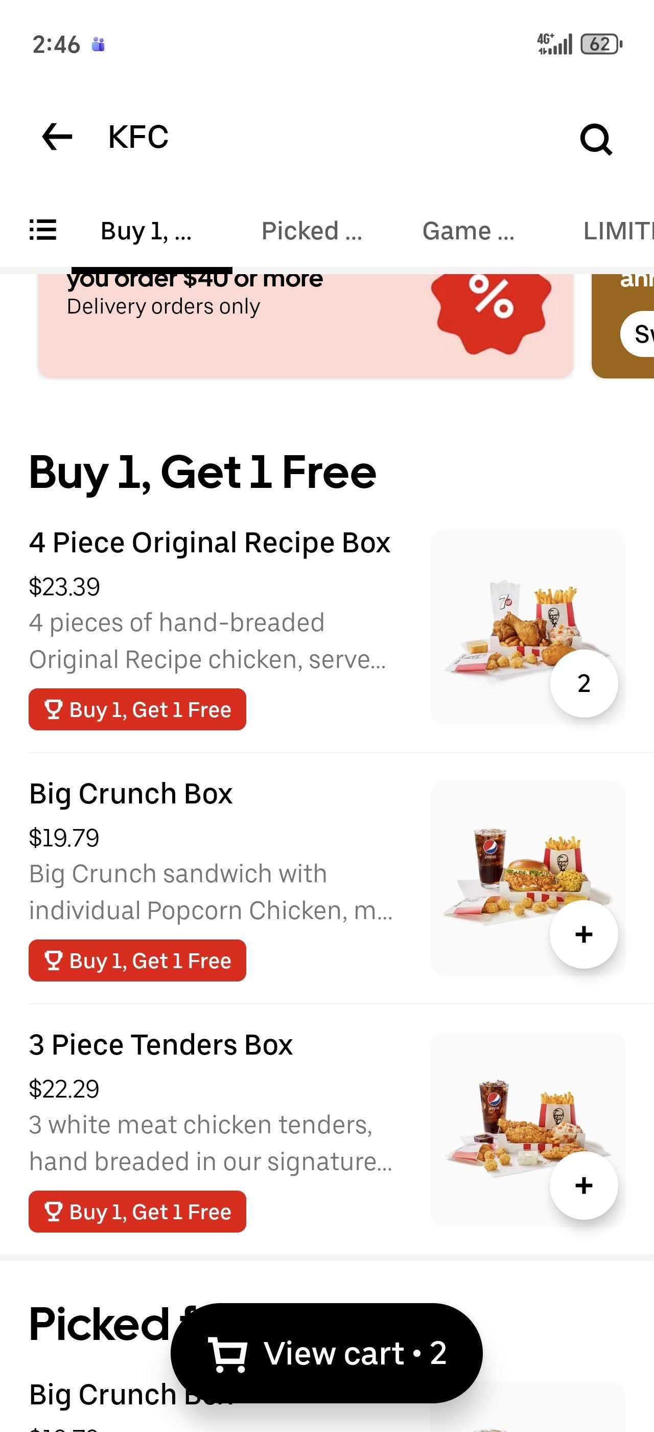 [KFC] APP 2 twister wraps $10; mighty box for two (4 pc dark, 1 popcorn ...