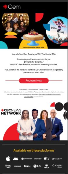 [CBC.ca] [Black Friday] CBC Gem Premium $1/month for 6 months. Code ...