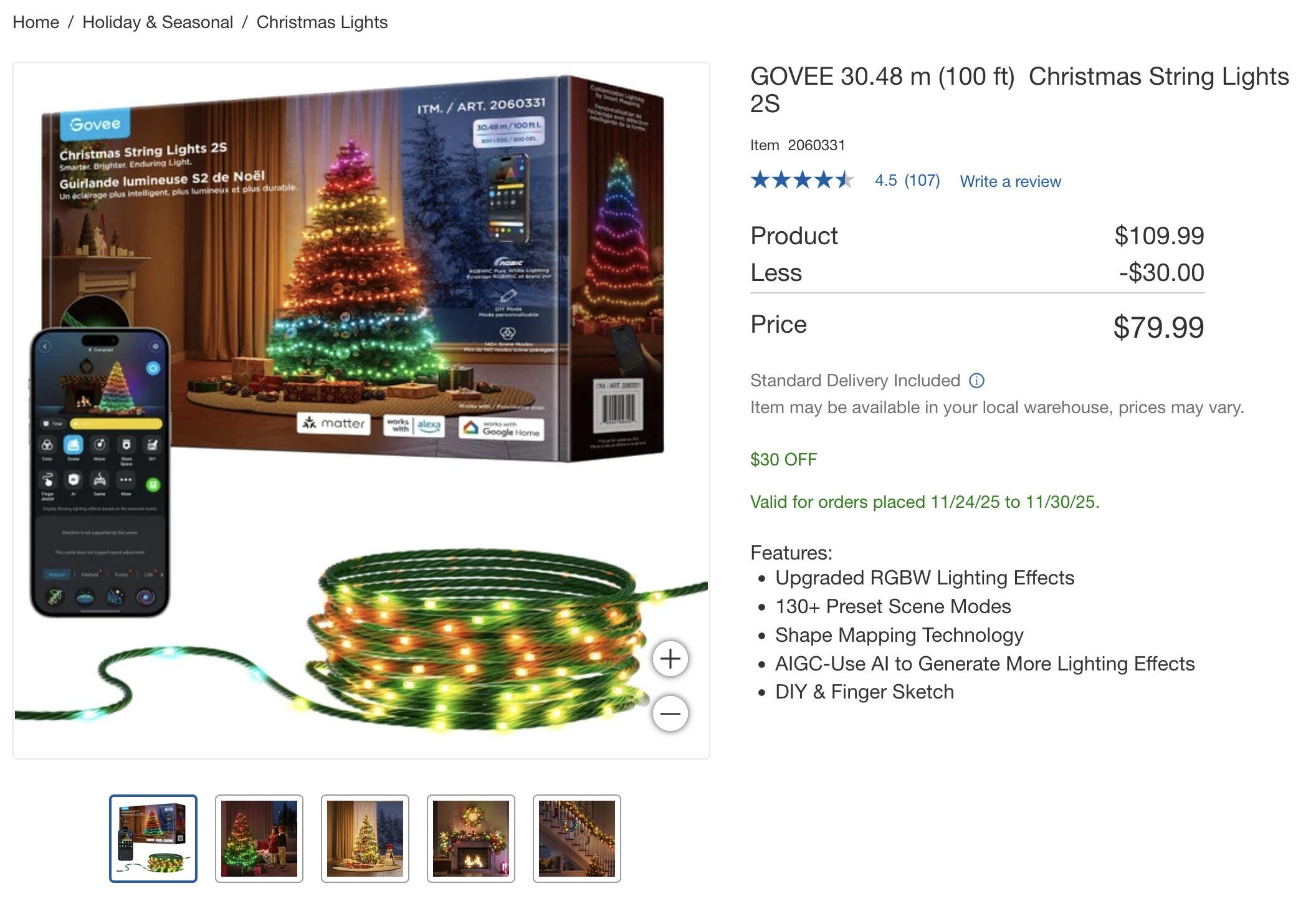 [Costco] [Govee] GOVEE 30.48 m (100 ft) Christmas String Lights 2S ...