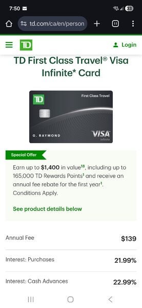 [TD Bank] TD First Class Travel Visa Infinite Card - 165K TD Rewards ...