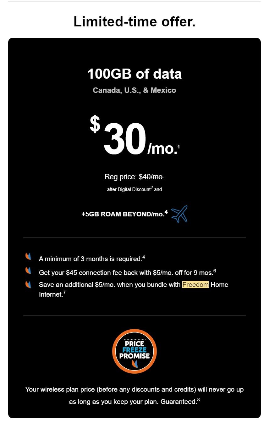 [Freedom Mobile] [Freedom Mobile Winback] $30/mo - 100GB Data (Canada ...