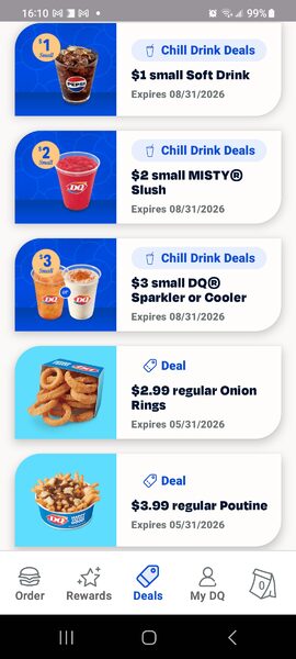 [Dairy Queen] Small size soft drink $1, Misty slushie $2, sparkler or ...