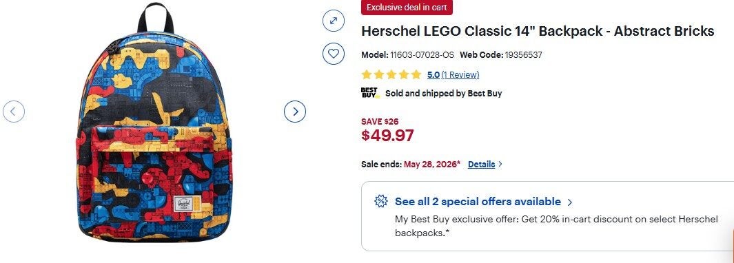 [Best Buy] Herschel LEGO Classic 14" Backpack - Abstract Bricks + 20% ...