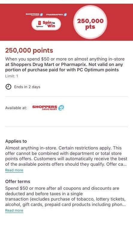 [Shoppers Drug Mart] Spin To Win (Win up to 500,000 PC Optimum points ...