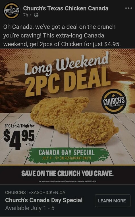 [Church's Texas Chicken] Church's Chicken $4.95 2pc Leg&Thigh July 1-5 ...
